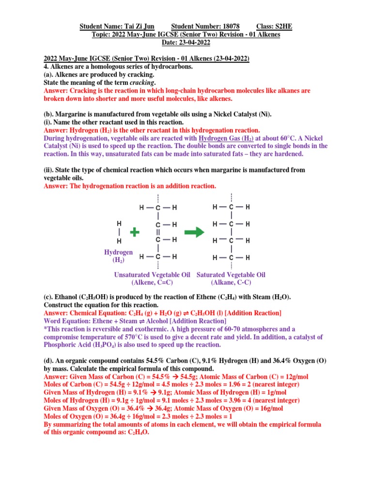 Hydrogenation of Alkenes in IGCSE | PDF | Mole (Unit) | Alkene