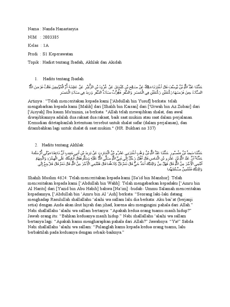 Hadits Tentang Ibadah, Akhlak Dan Aqidah | PDF