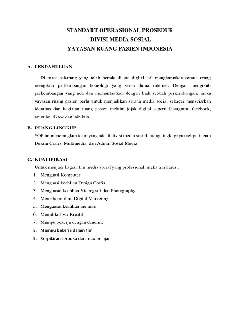 Standart Operasional Prosedur Divisi Media Sosial | PDF