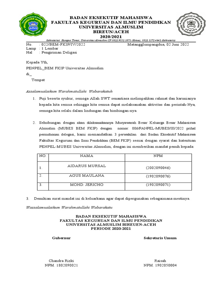 022 Surat Mandat (Panitia PKKMB) | PDF
