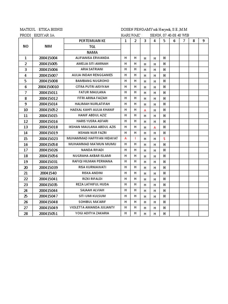 EKSYAR 3A Attendance Records | PDF
