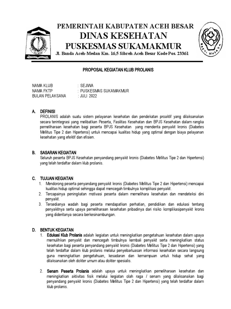 Proposal Klub Prolanis Sejiwa 2022 | PDF