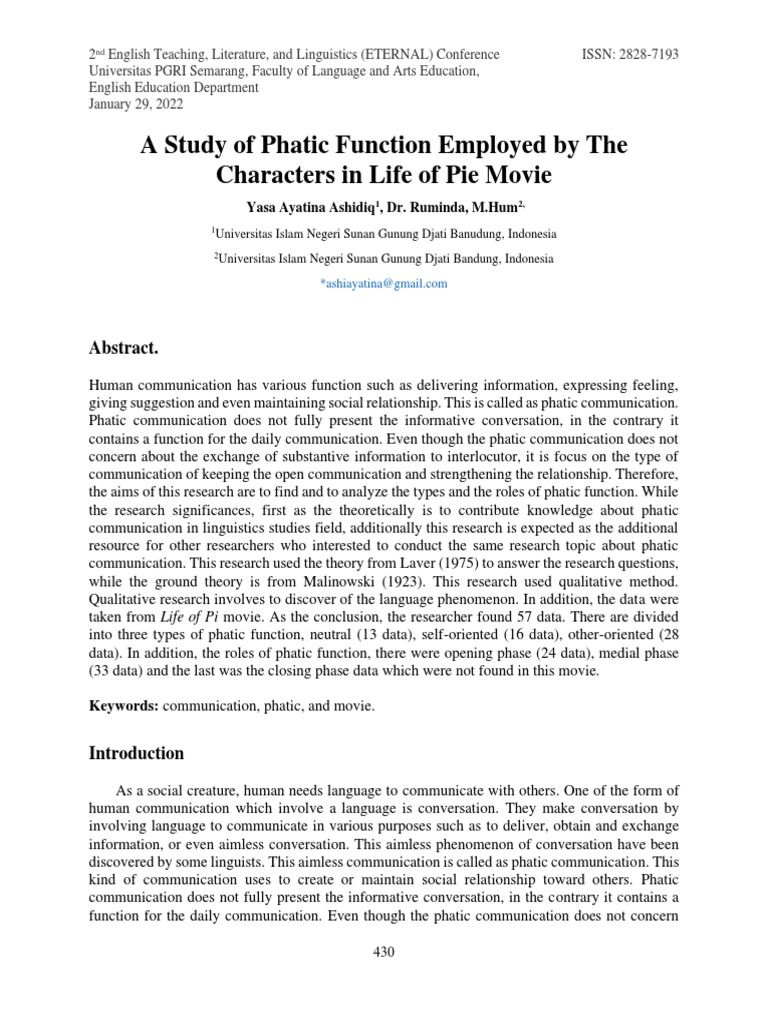 A Study of Phatic Function Employed by The Characters in Life of Pie ...