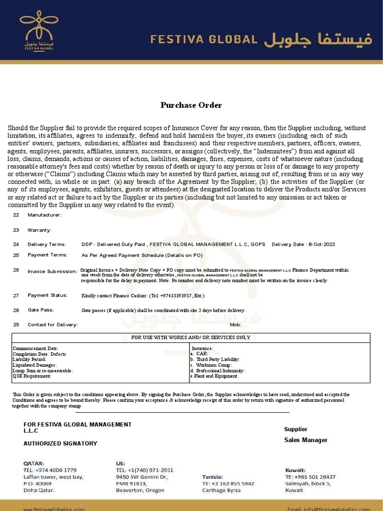 Purchase Order: For Festiva Global Management L.L.C Authorized ...