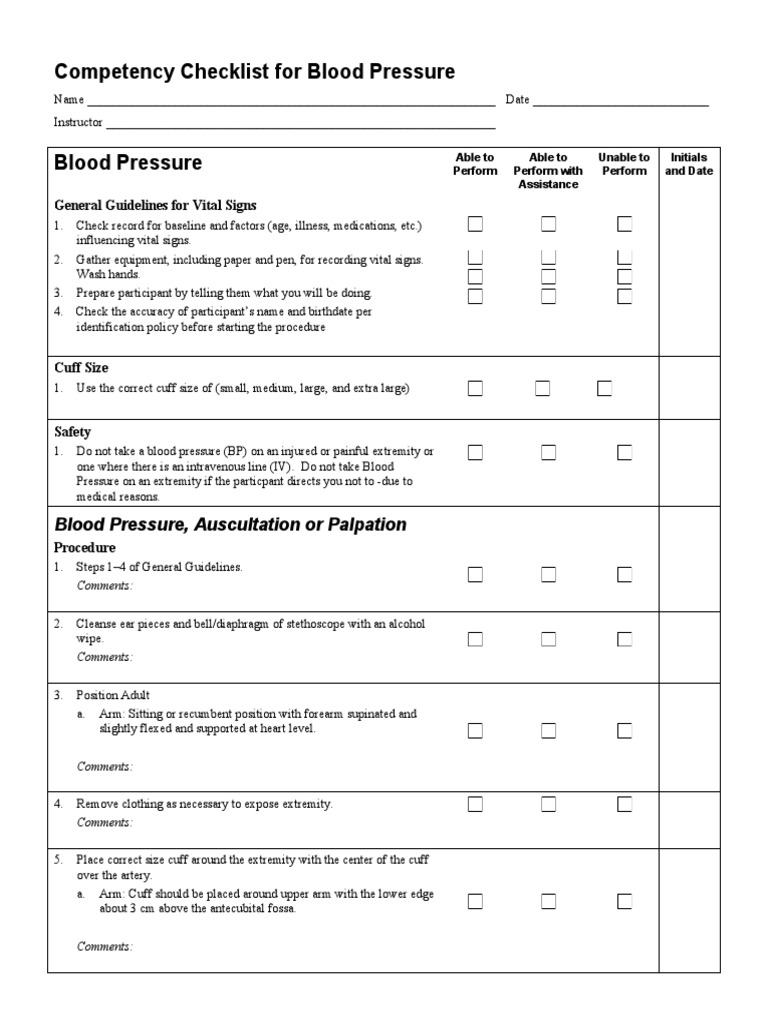 Competency Checklist For Blood Pressure | PDF | Blood Pressure | Physiology