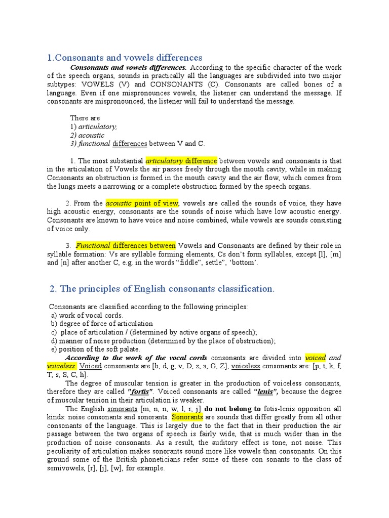 Consonants and Vowels Differences. According To The Specific Character of The Work | PDF ...