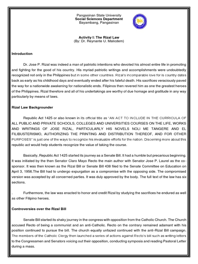 Activity 1 Rizal Law (ASSIGNMENT) | PDF