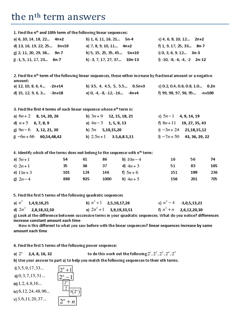 Y9 Maths HK Spring 2 The NTH Term Answers | PDF | Mathematical Analysis ...