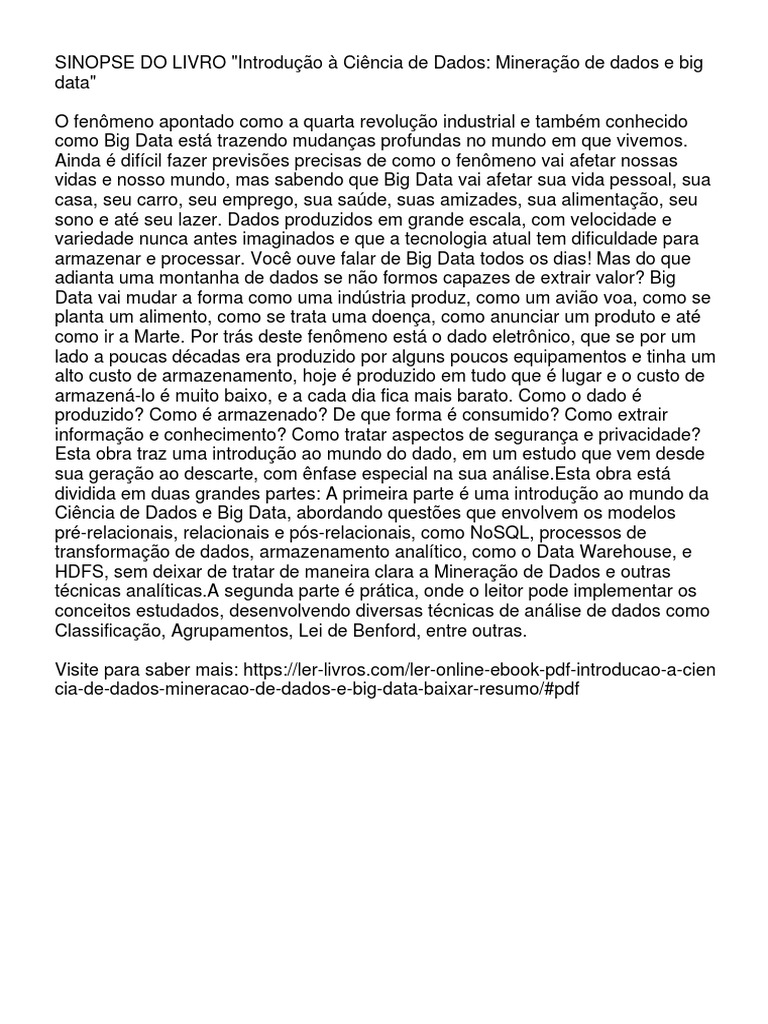 Introdução À Ciência de Dados - Mineração de Dados e Big Data | PDF Introdução À Ciência de Dados - Mineração de Dados e Big Data | PDF