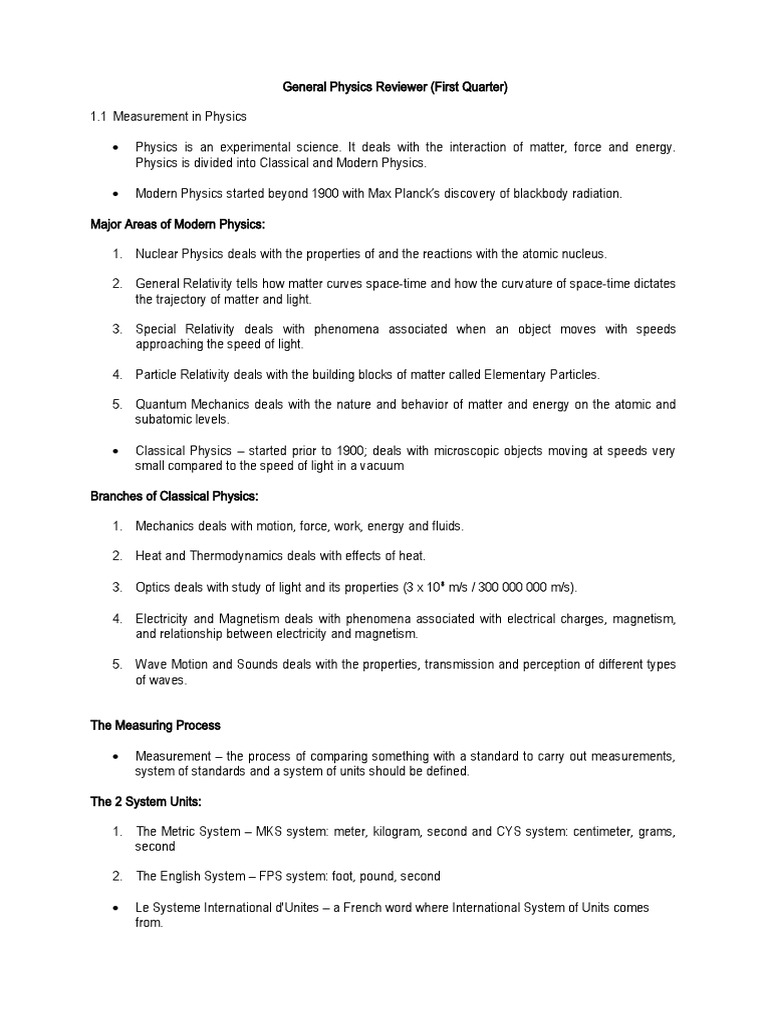 Physics Reviewer (First Quarter) | PDF | Physics | Matter