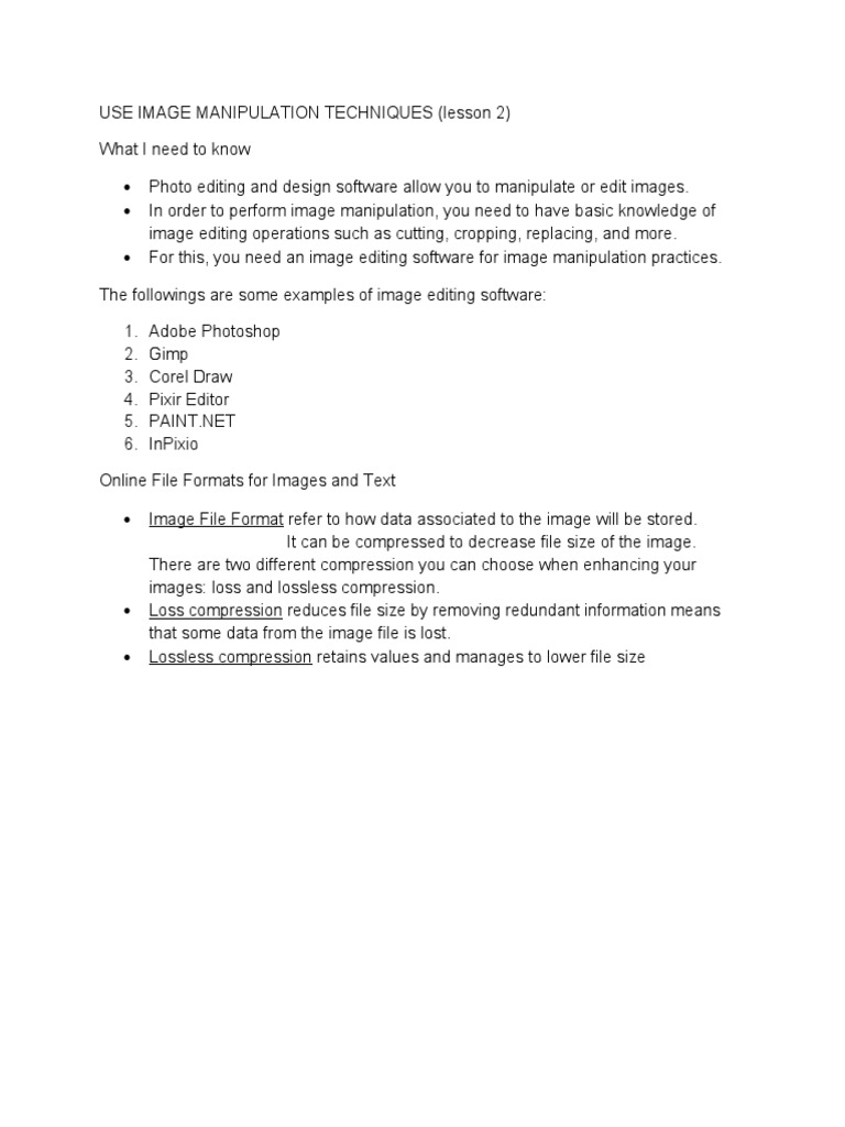 Image Manipulation Techniques Overview | PDF | Data Compression | Image ...