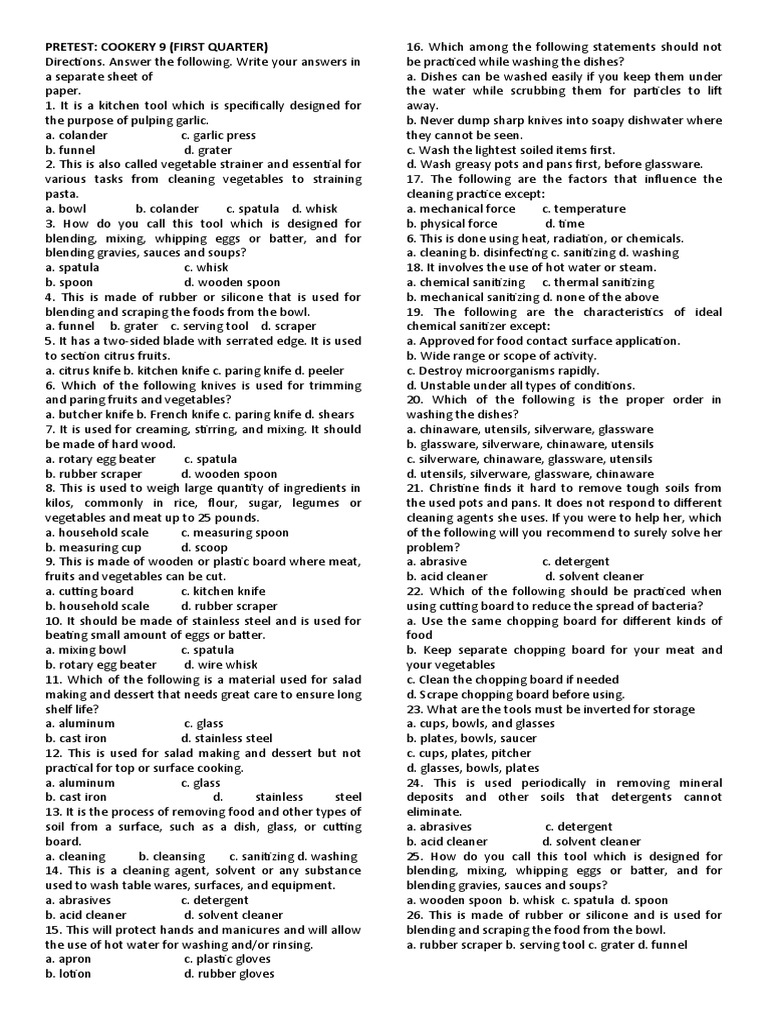 Pretest First Quarter | PDF | Kitchen Utensil | Spoon