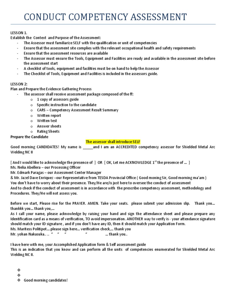 ASSESSOR Competency Assessment Dialogue | PDF | Welding | Construction