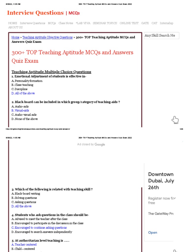 300+ TOP Teaching Aptitude MCQs and Answers Quiz Exam 2022 | Download Free PDF | Multiple Choice ...