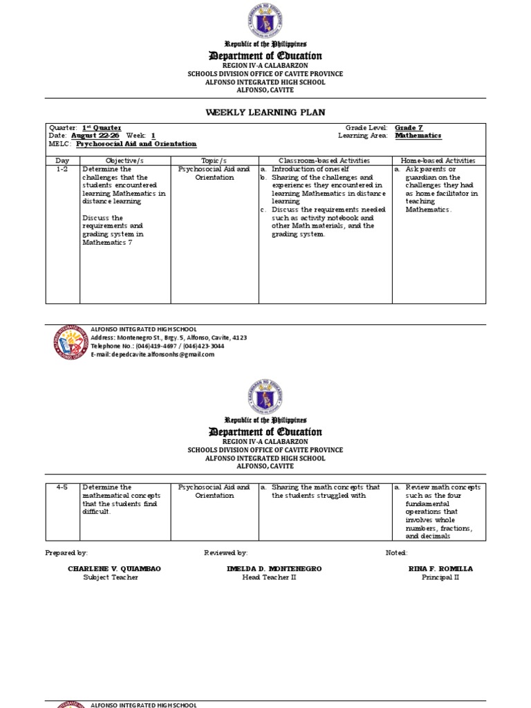 G7-WLP-Q1-Week 1-August 22-26 | PDF | Mathematics | Science