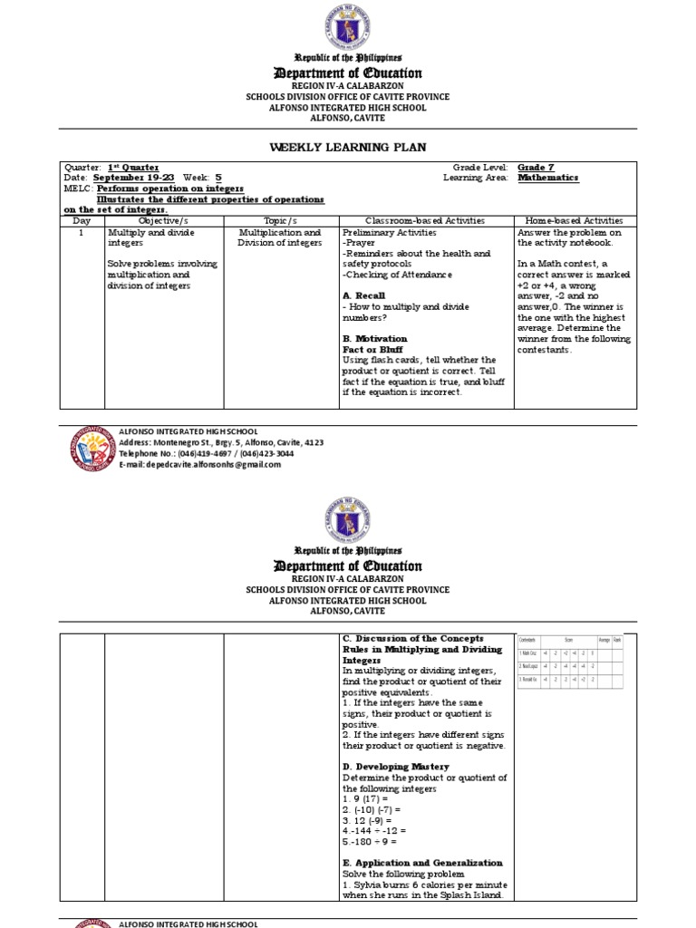 Weekly Learning Plan for Grade 7 Mathematics on Operations on Integers ...