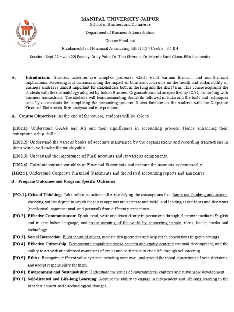 BB1102-Fundamentals of Financial Accounting Course Plan | PDF | Income ...