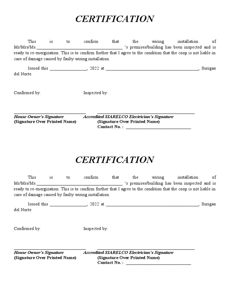 CERTIFICATION Electrician Inspection | PDF