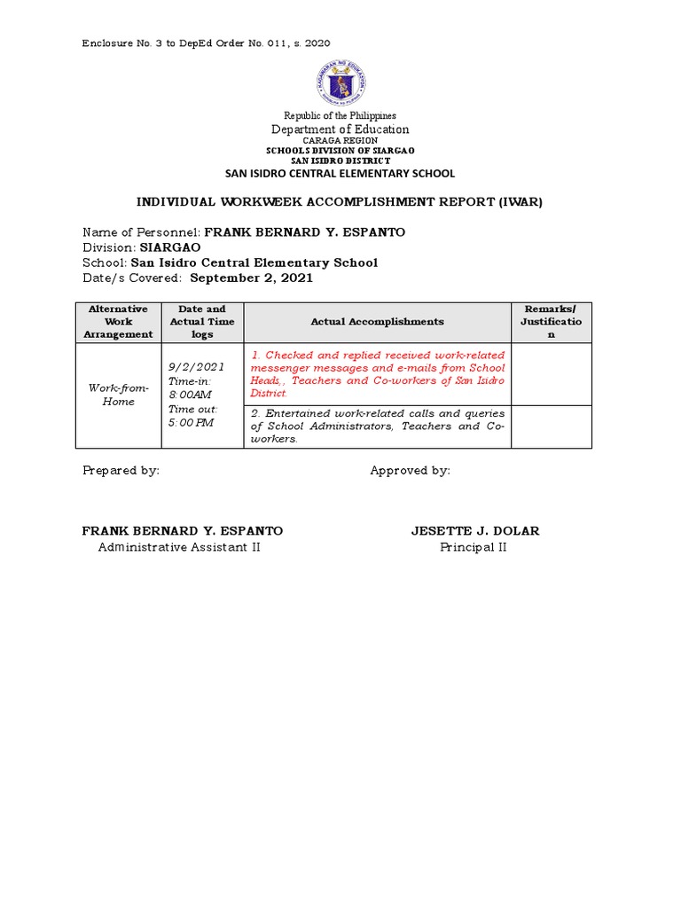 DepEd Order No. 011 IWAR Report | PDF | Government | Philippines