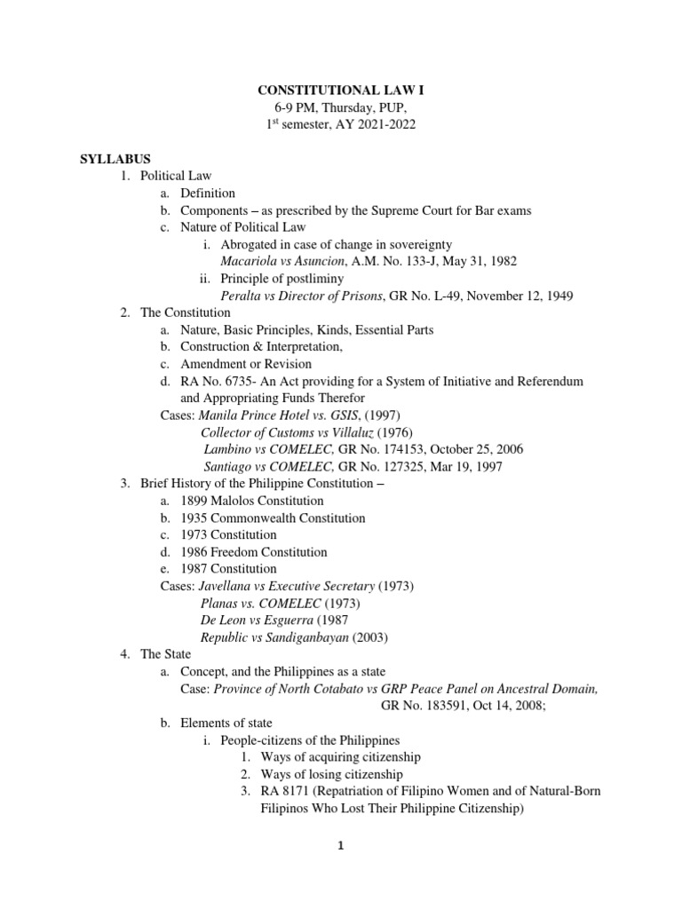 Syllabus, Constitutional Law I, 2021-2022, PUP | PDF | Commission On ...