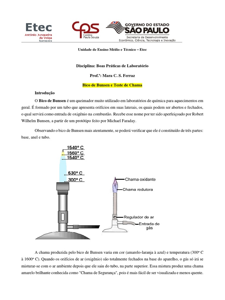 Bico de Bunsen e Teste de Chama | PDF | Química | Ácido clorídrico