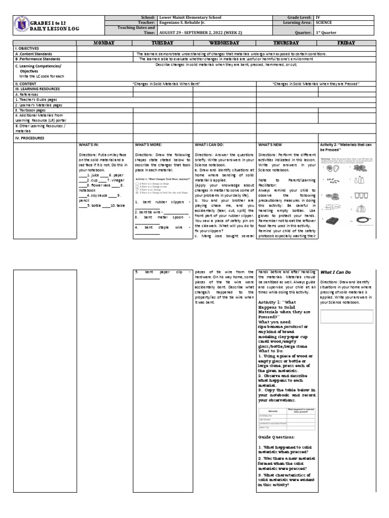 DLL - Science 4 - Q1 - W2 | PDF | Learning | Teachers