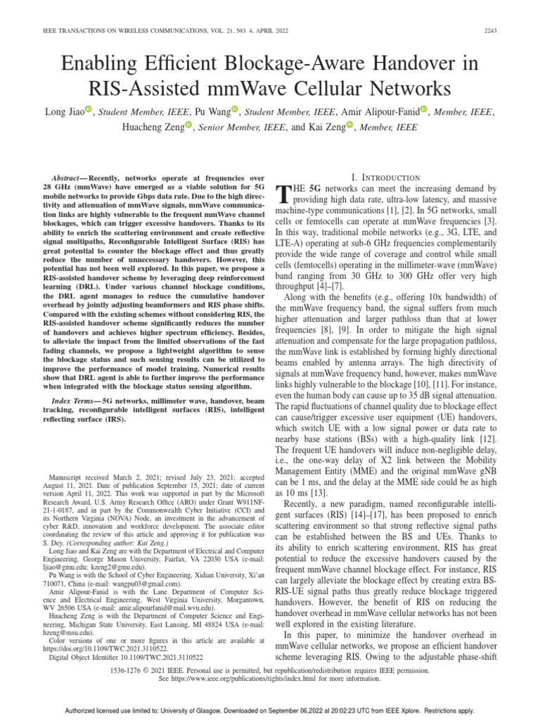 Enabling Efficient Blockage-Aware Handover in RIS-Assisted Mmwave Cellular Networks | PDF ...