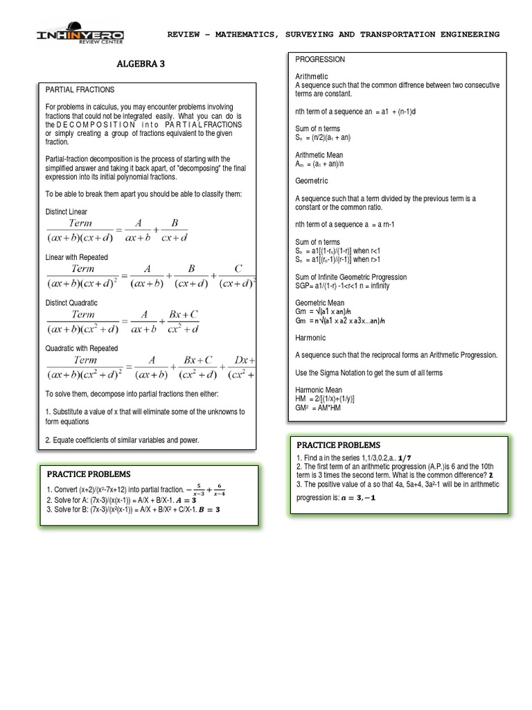 Algebra 3: Partial Fractions & Sequences | PDF | Summation | Abstract ...