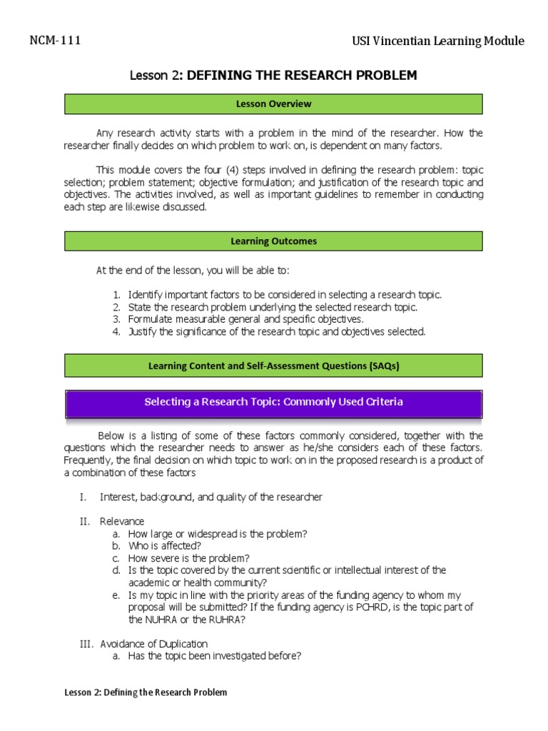 Lesson 2 - Defining The Research Problem | PDF | Nursing | Learning