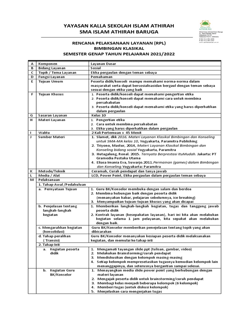 RPL Guru BK Kelas 10 Etika Pergaulan Dengan Teman Sebaya (Genap) | PDF