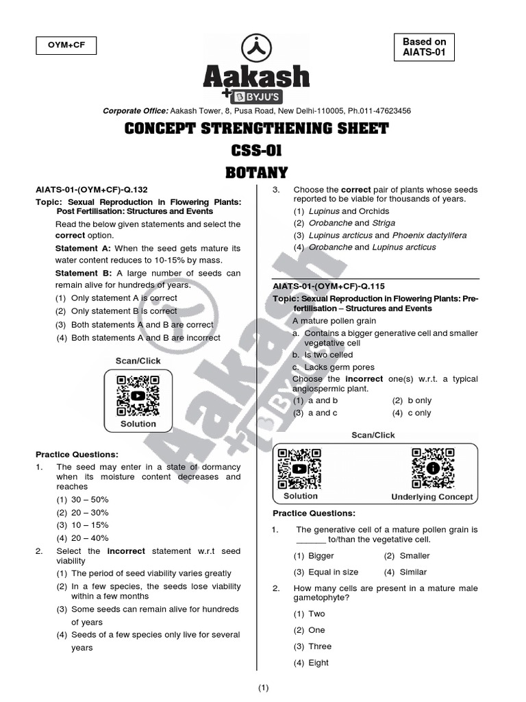 Concept Strengthening Sheet CSS 01 Based On AIATS 01 CF+OYM Botany | PDF