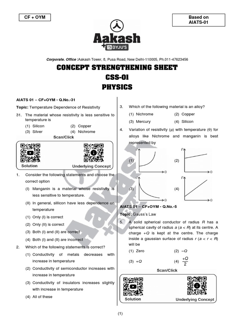Concept Strengthening Sheet CSS 01 Based On AIATS 01 CF+OYM Physics | PDF | Electrical ...