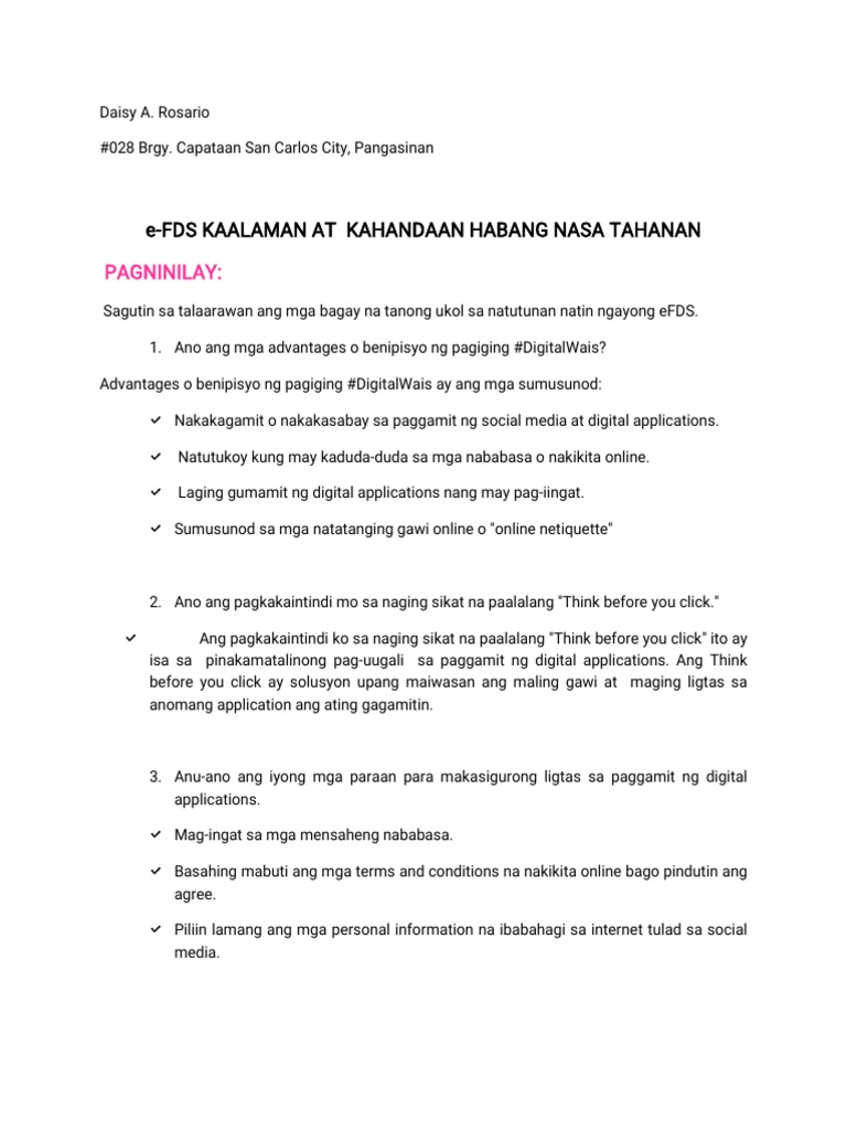 E-Fds Kaalaman at Kahandaan Habang Nasa Tahanan: Pagninilay | PDF