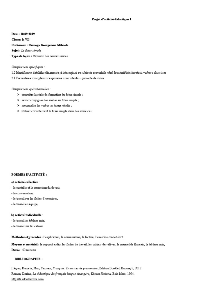 Activités didactiques sur le futur simple | PDF | Pronom | Verbe