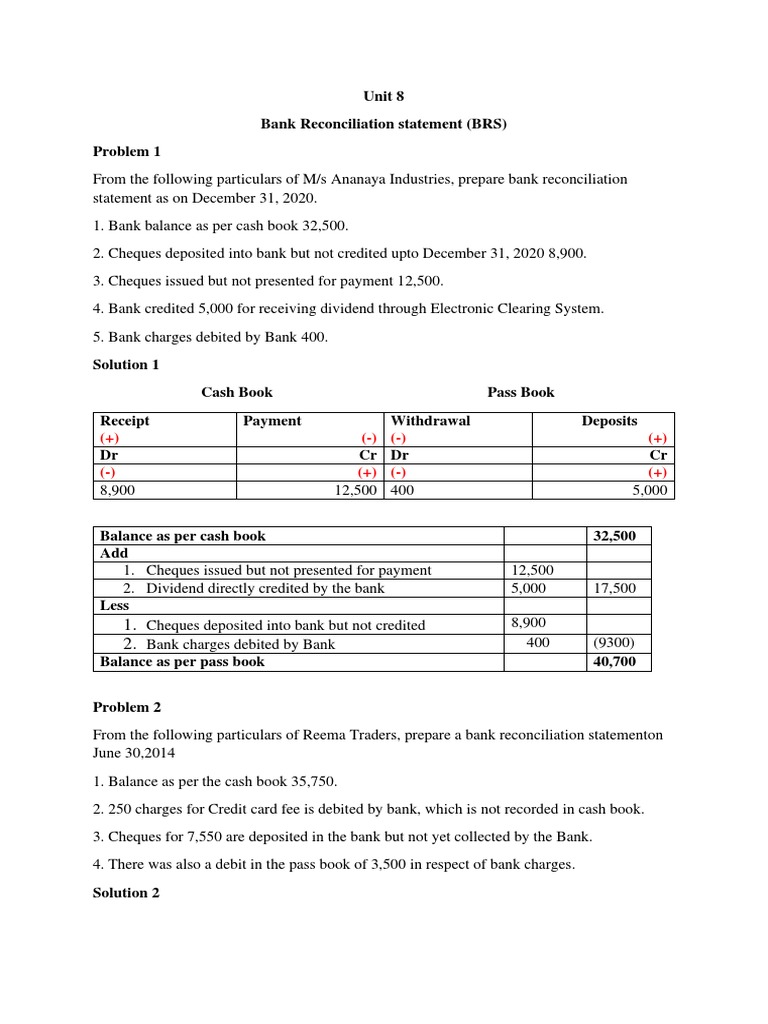 Unit 8 Bank Reconciliation Statement | PDF | Banks | Cheque
