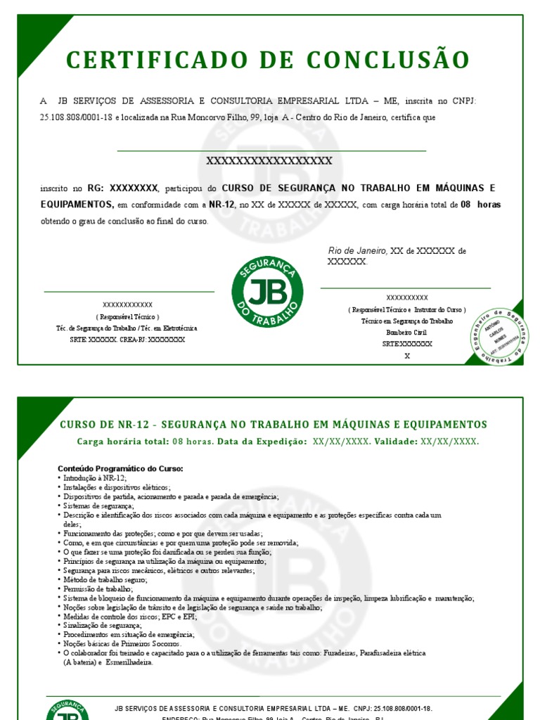 Modelo de Certificado Do Curso de NR 12 | PDF