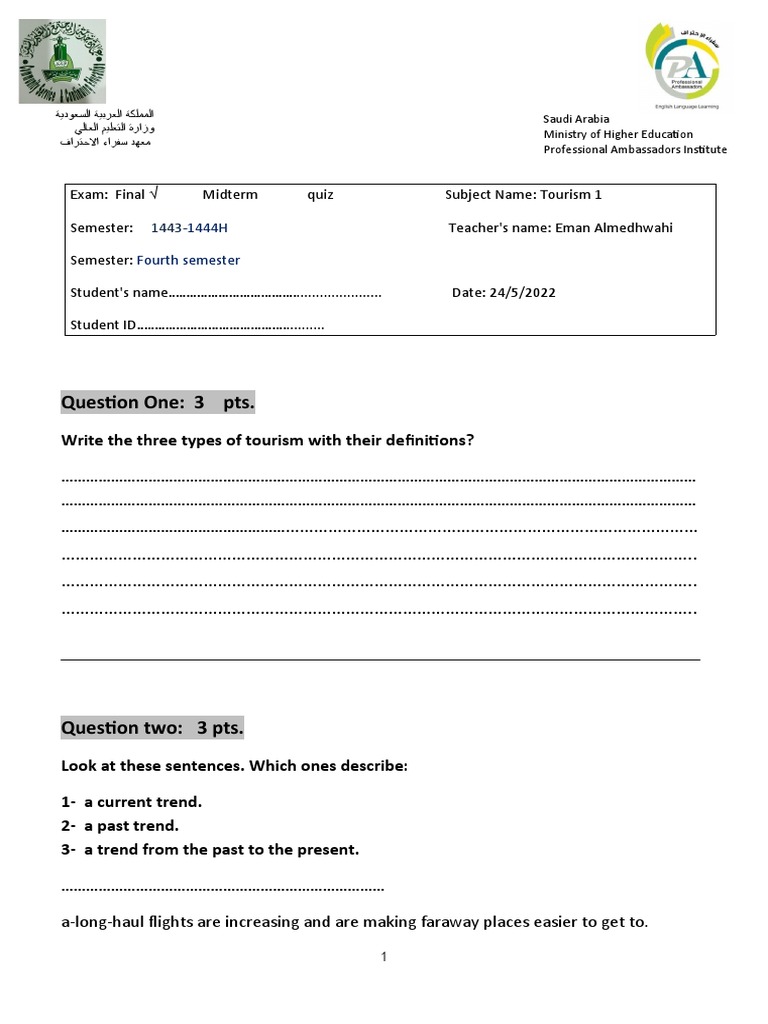 Final Exam For Tourism-2022 | PDF | Tourism | Service Industries