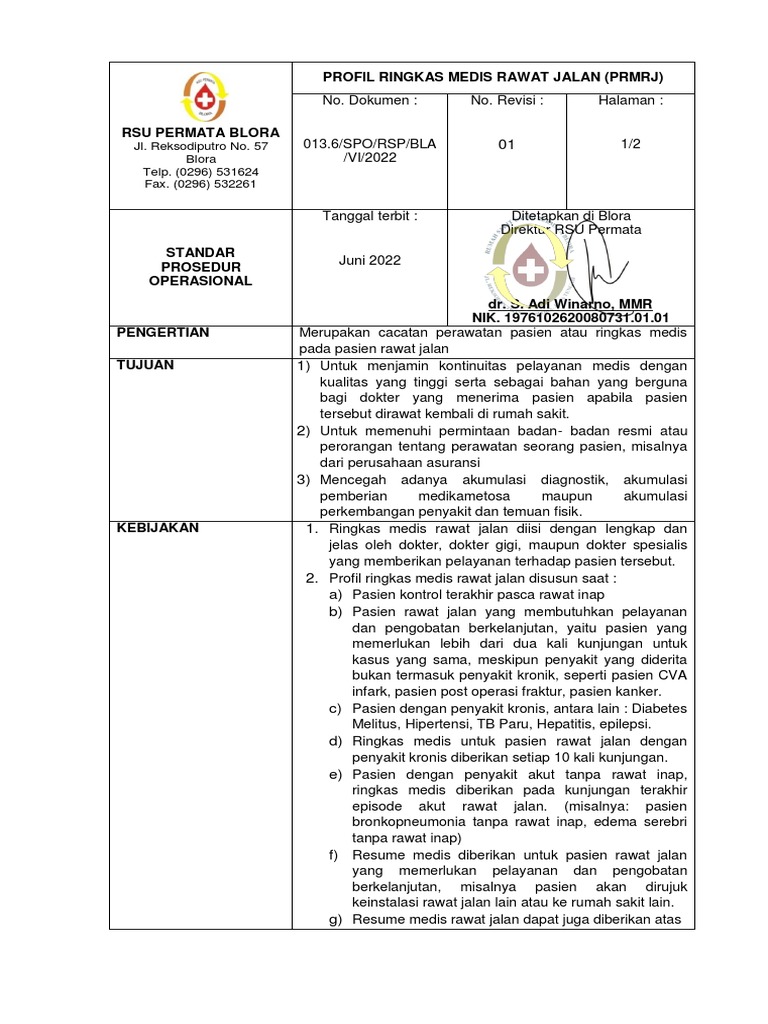 Spo Profil Ringkas Medis Rawat Jalan (PRMRJ) | PDF