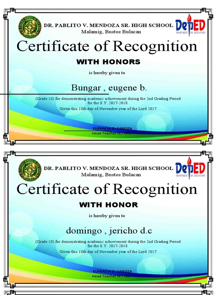Dpvmshshonors Cert. | PDF