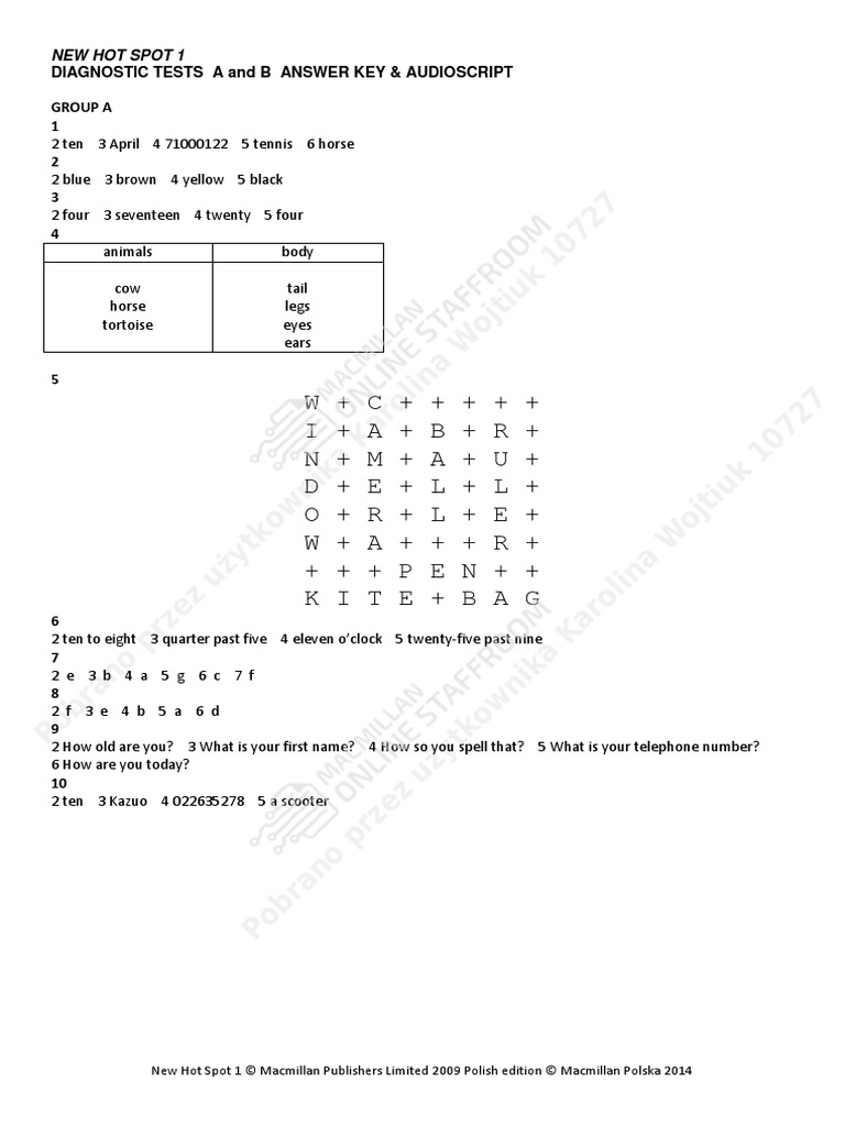New Hot Spot 1 Diagnostic Tests A and B Answer Key and Audioscript | PDF