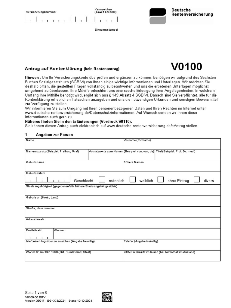 Antrag Auf Kontenklärung: (Kein Rentenantrag) | PDF