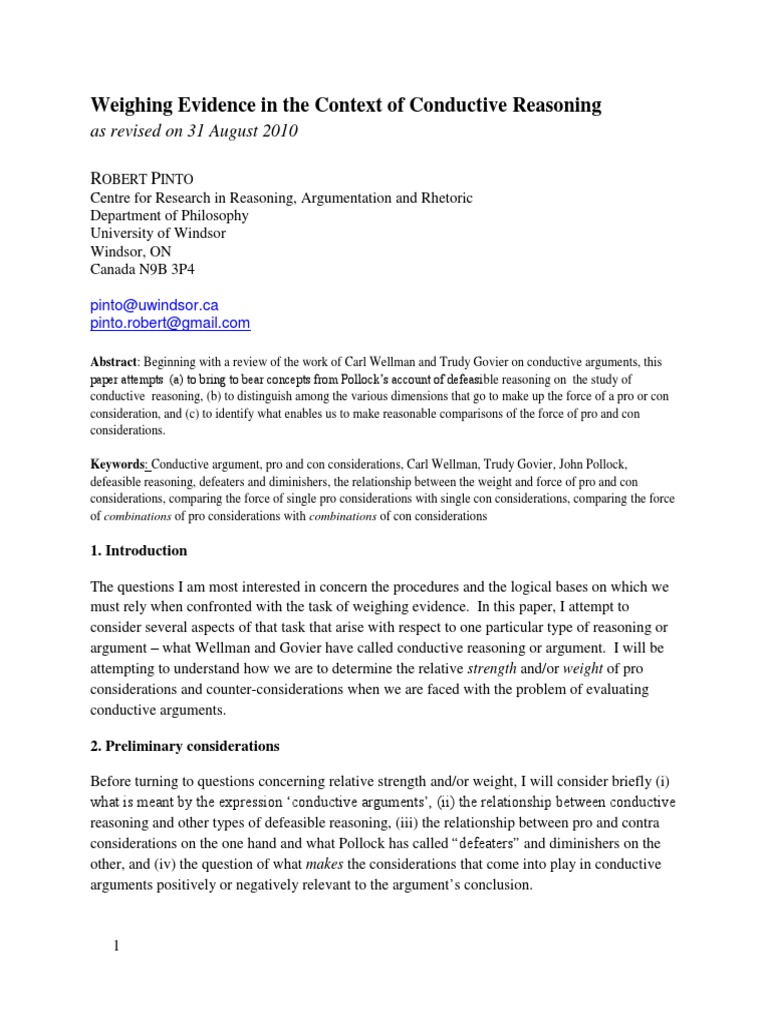 Weighing Evidence in The Context of Conductive Reasoning: As Revised On ...