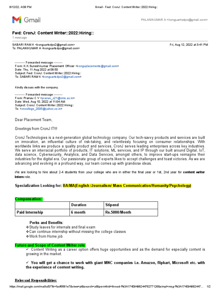 Gmail - FWD - CronJ - Content Writer - 2022 - Hiring | PDF ...