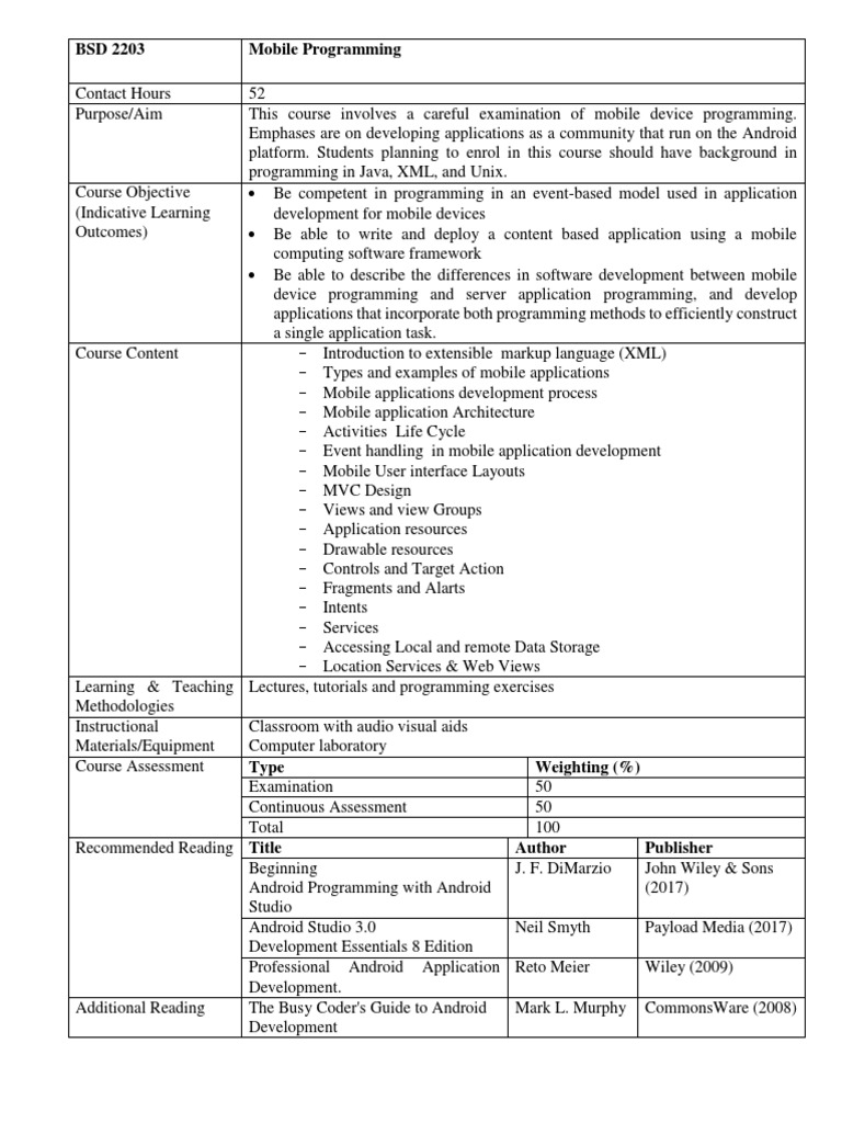 BSD 2203 Mobile Programming Course Outline | PDF | Mobile App | Android (Operating System)