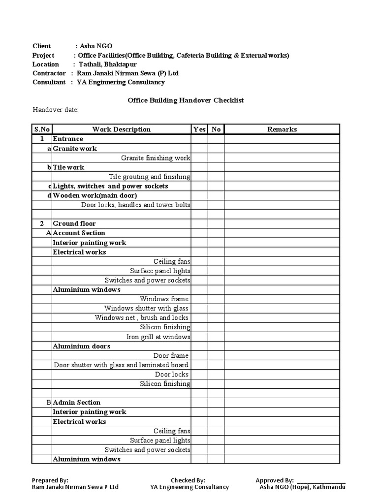 Handover Checklist | PDF | Door | Window