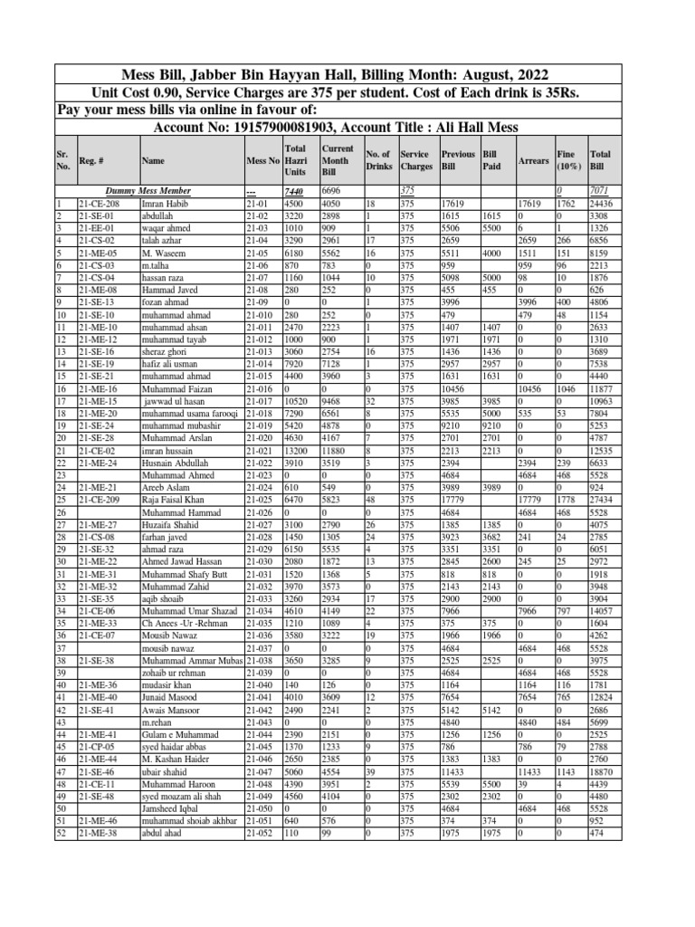 Mess Bill August 2022 | PDF