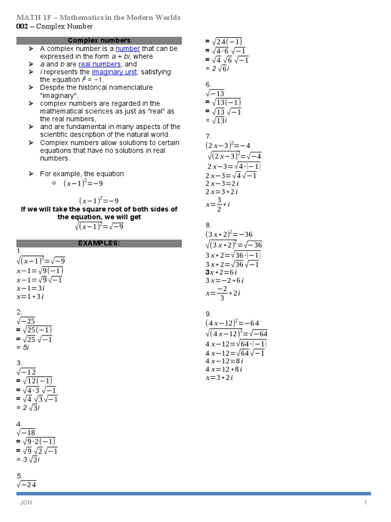 MATH 1F - 2 Complex Numbers | PDF | Complex Number | Mathematics