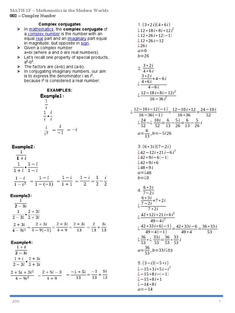 MATH 1F - 3 Complex Conjugates | PDF | Complex Number | Numbers