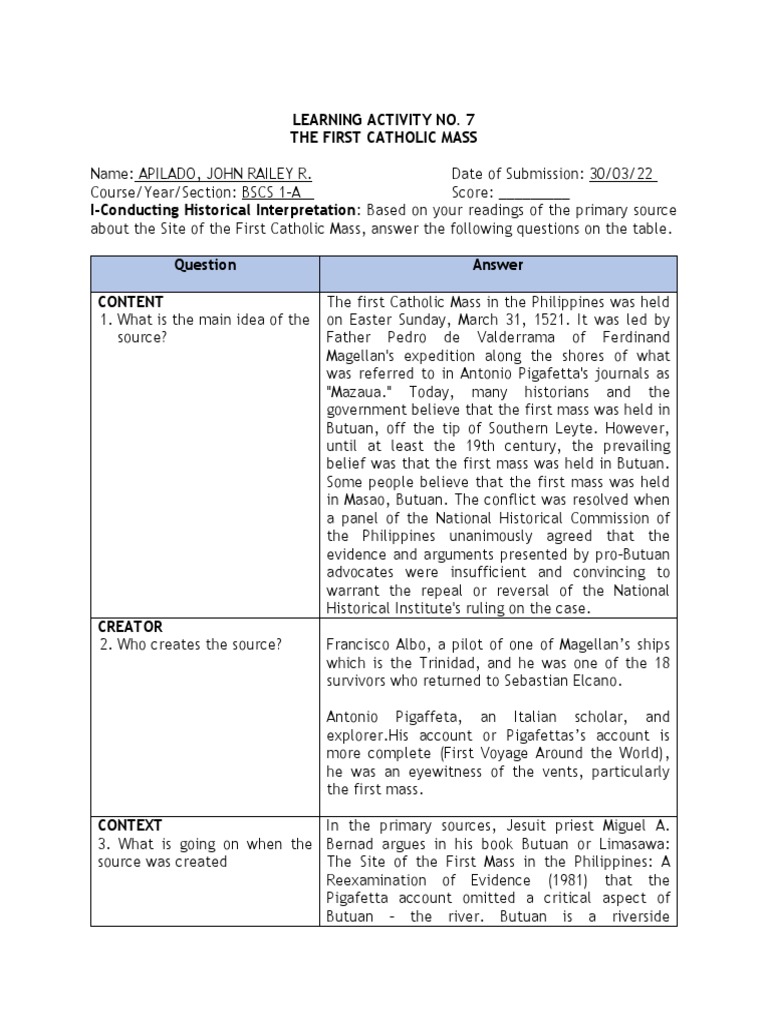 Learning Activity No. 7 The First Catholic Mass | PDF