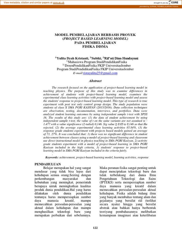 Model Pembelajaran Berbasis Proyek (Project Based Learning Model) Pada Pembelajaran Fisika Disma ...